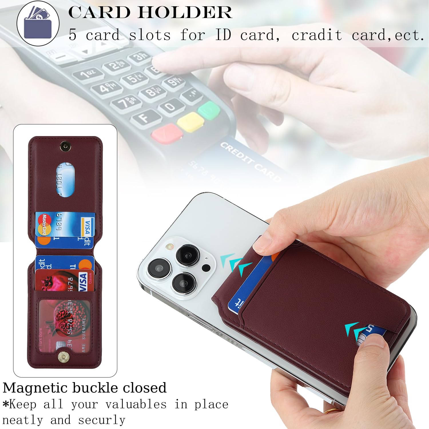 Havaya Magnetic Card Wallet Holder with MagSafe for iPhone 16 Pro Max/16 Pro/16 Plus/16/15 Pro Max/15 Pro/15 Plus/15/14 Pro Max/14 Plus/14 Pro/14/13 Pro Max/13 Pro/13/12/12 Pro/12 Pro Max-Wine Red