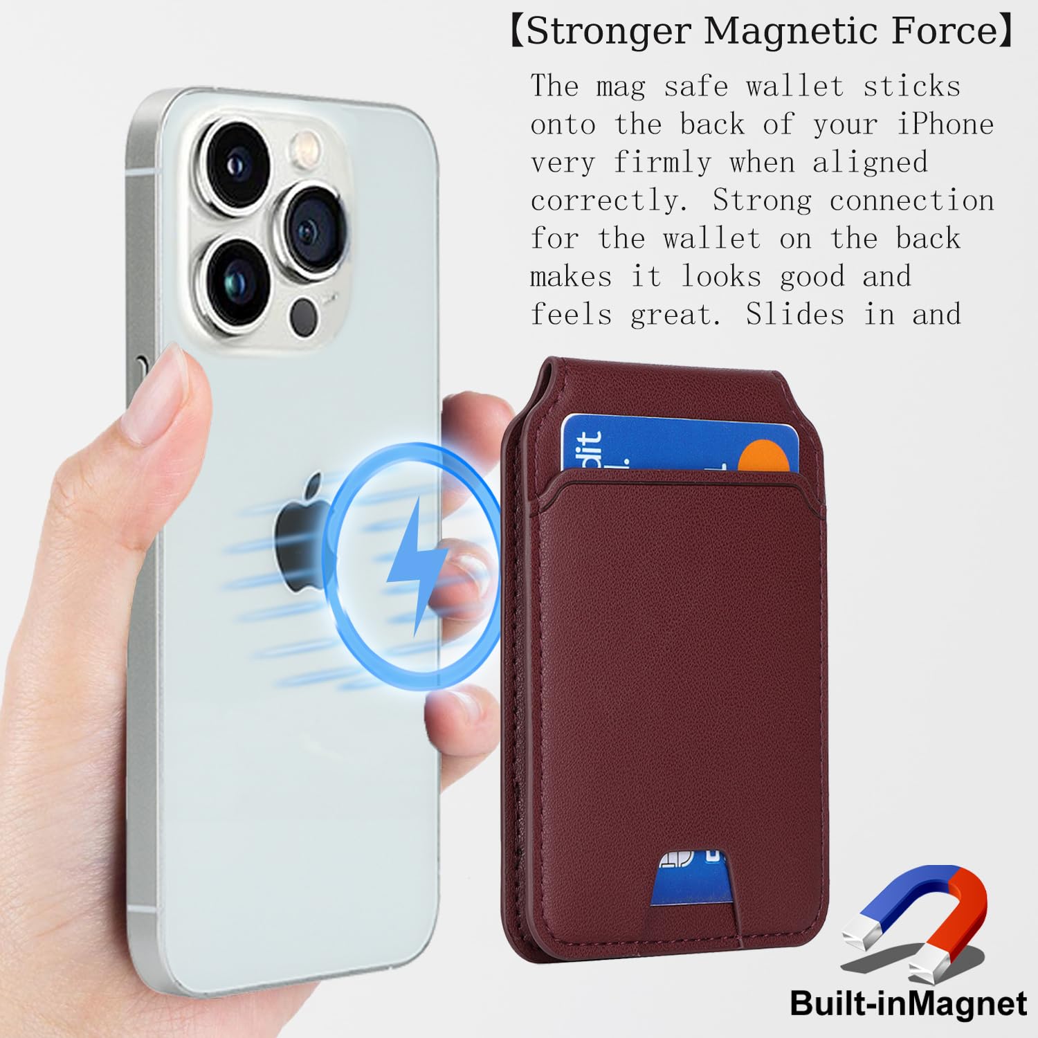 Havaya Magnetic Card Wallet Holder with MagSafe for iPhone 16 Pro Max/16 Pro/16 Plus/16/15 Pro Max/15 Pro/15 Plus/15/14 Pro Max/14 Plus/14 Pro/14/13 Pro Max/13 Pro/13/12/12 Pro/12 Pro Max-Wine Red