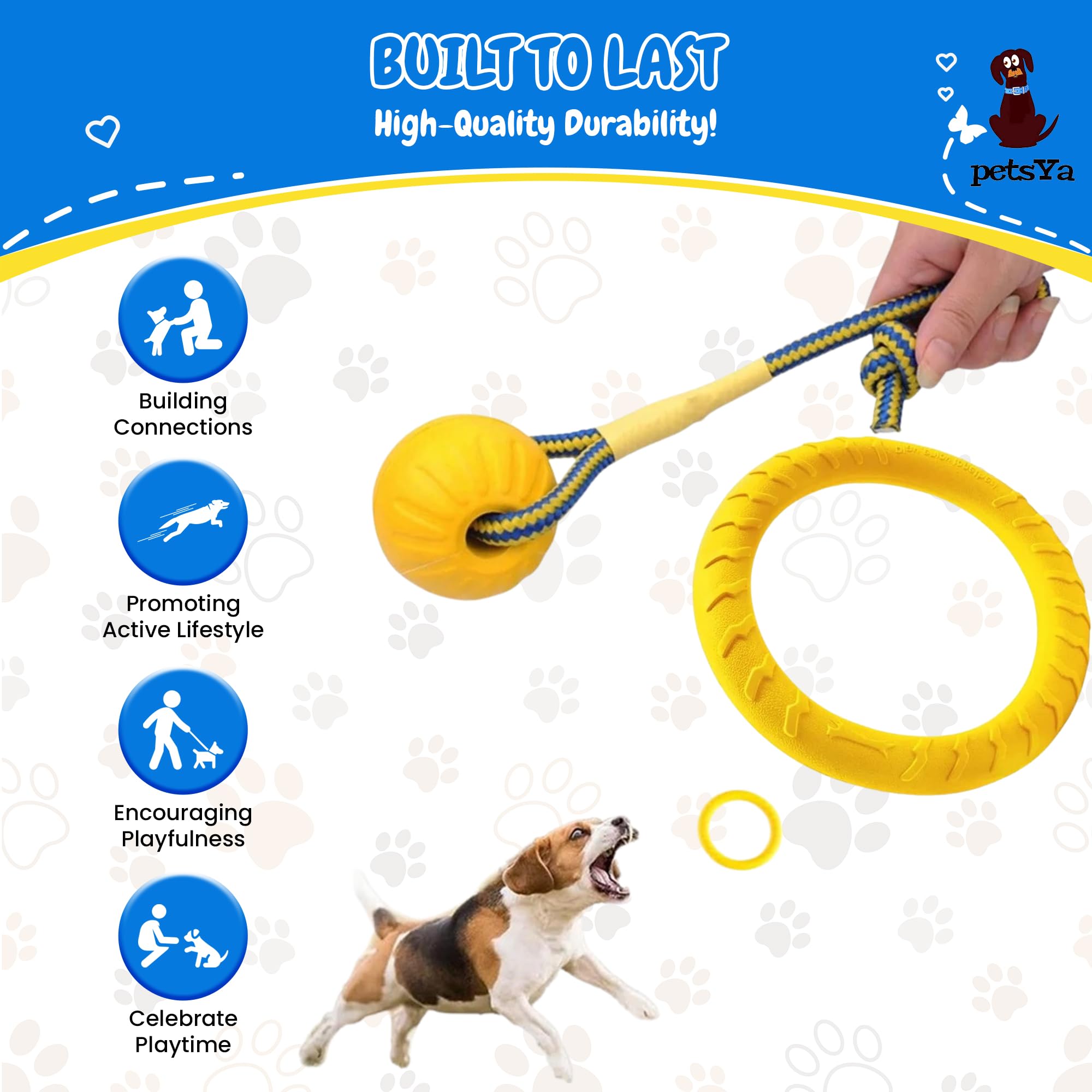 petsYa Ball Dog with Rope and Dog Ring Flying Traning chew Dog Toys Soft Foam Ball for Fetching Soaring Flying Ring