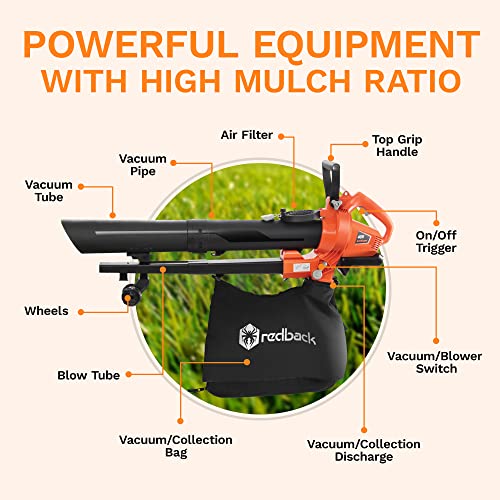 Redback Leaf Blower Vacuum Battery Powered Blower for Cleaning Up Small Garden Debris Cordless Lawn Vacuum with Powerful Mulcher Modern Lawn Care Equipment Tool Only EV48OD