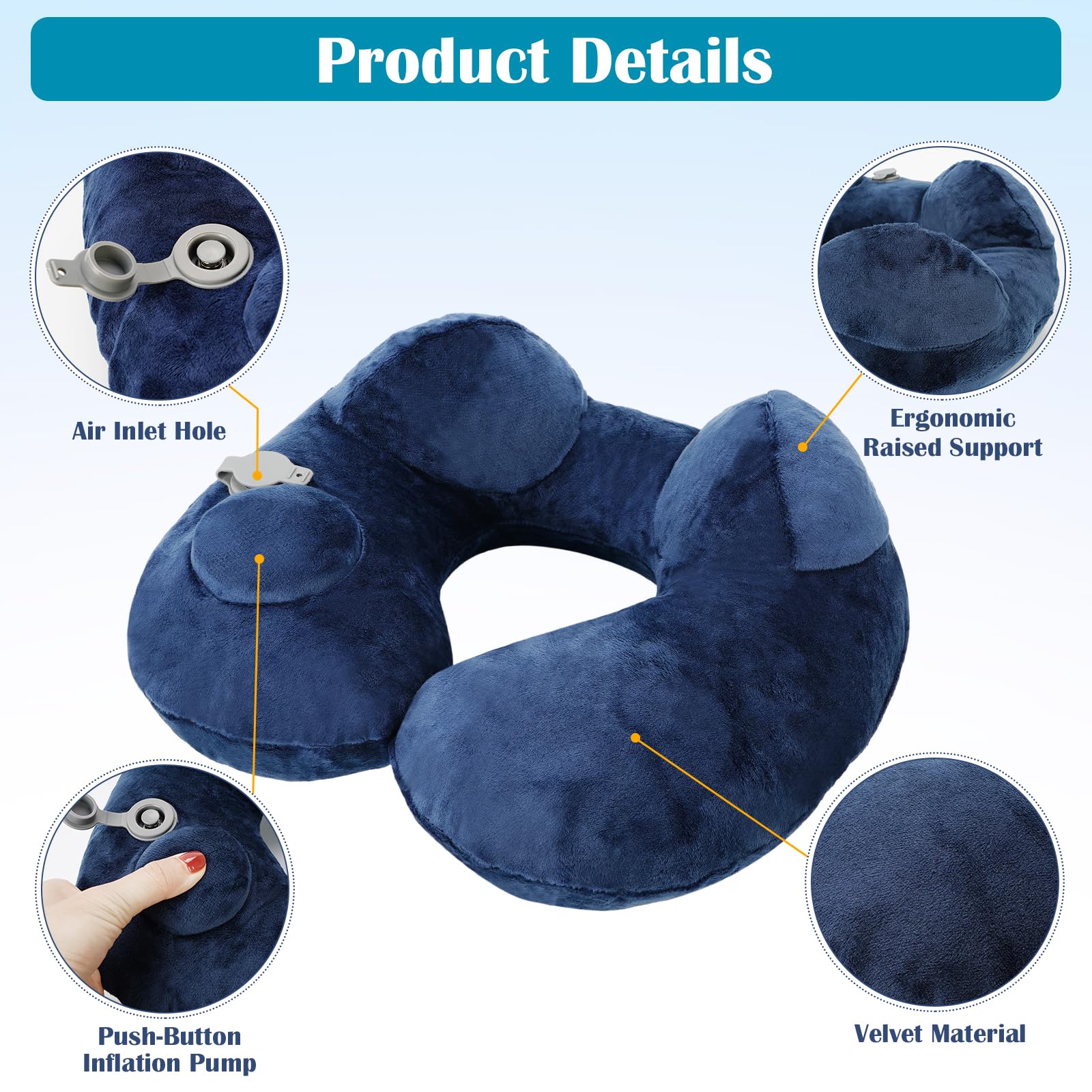 Self-Inflatable Travel Pillow with Eye Mask Earplugs Compact Bag, Inflatable Neck Pillow Support for Sleeping and Traveling, Airplane Pillow for Long Flight, Neck Cushion for Car Home Office Train