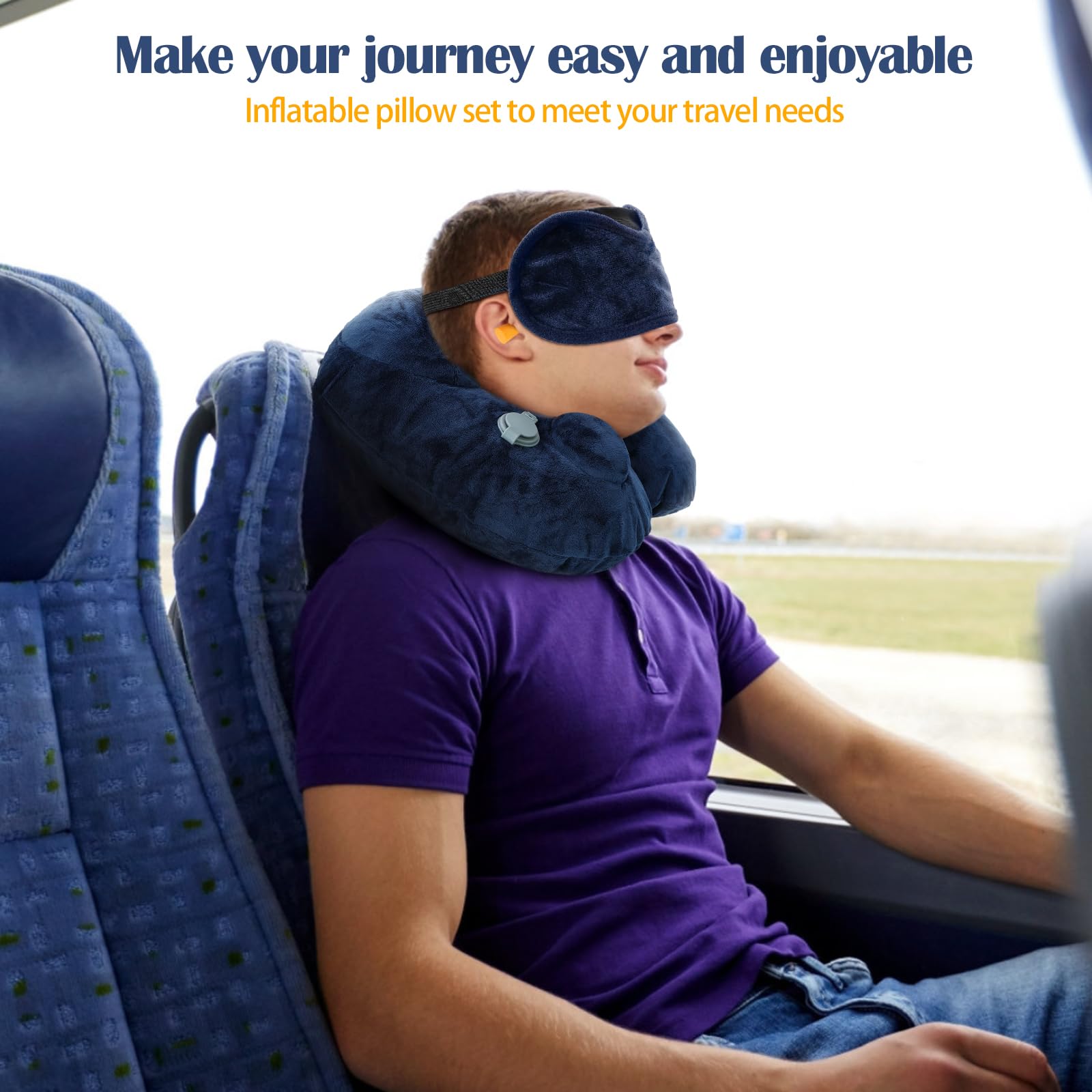 Self-Inflatable Travel Pillow with Eye Mask Earplugs Compact Bag, Inflatable Neck Pillow Support for Sleeping and Traveling, Airplane Pillow for Long Flight, Neck Cushion for Car Home Office Train