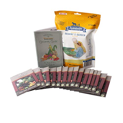 Grannys Garden Heirloom Vegetable Seed Collection - 15 Varieties Non-GMO Heirloom Beet Carrot Cucumber Basil Kale Lettuce Melon Onion Pea Pepper Squash and Tomato Seeds by Sustainable Seed Company