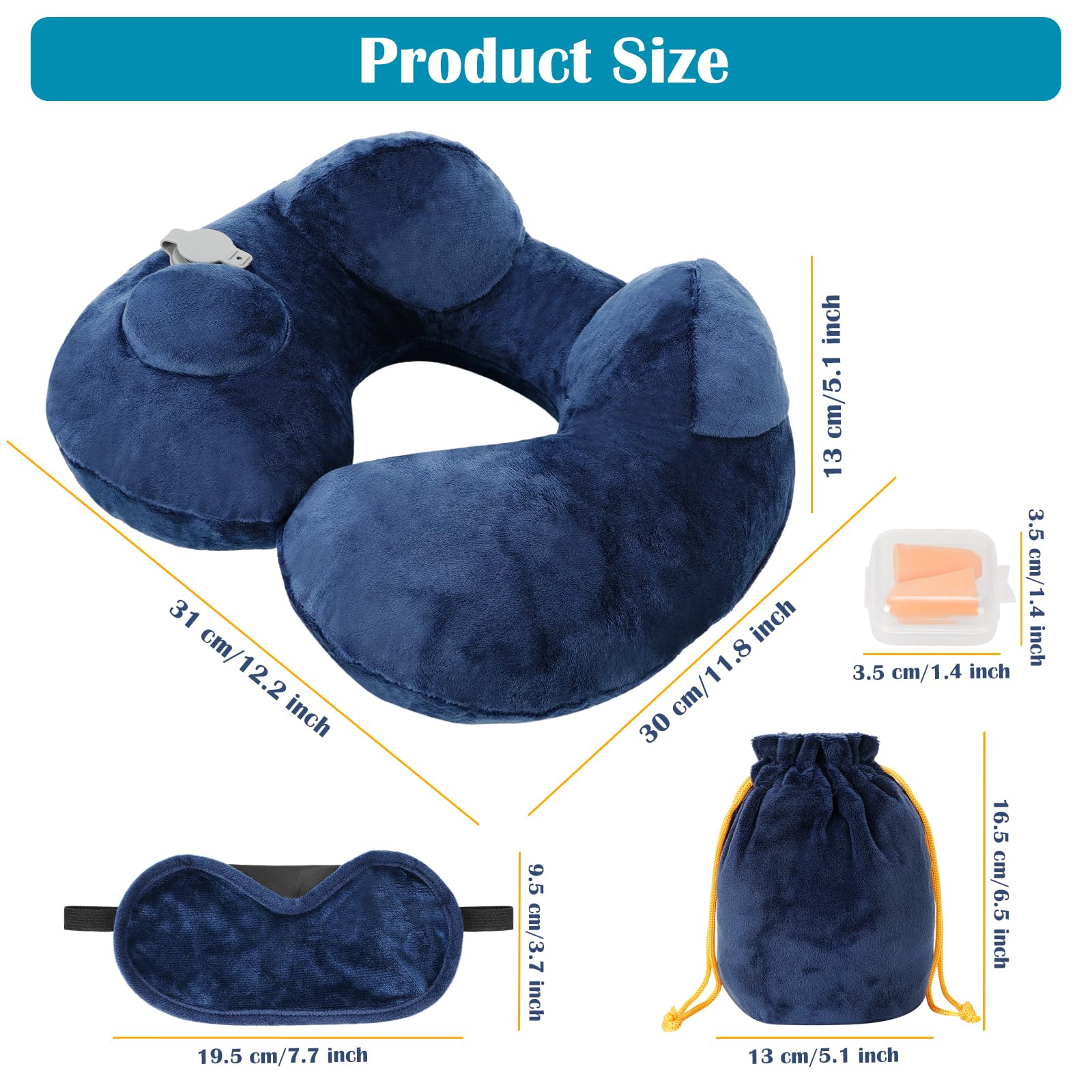 Self-Inflatable Travel Pillow with Eye Mask Earplugs Compact Bag, Inflatable Neck Pillow Support for Sleeping and Traveling, Airplane Pillow for Long Flight, Neck Cushion for Car Home Office Train
