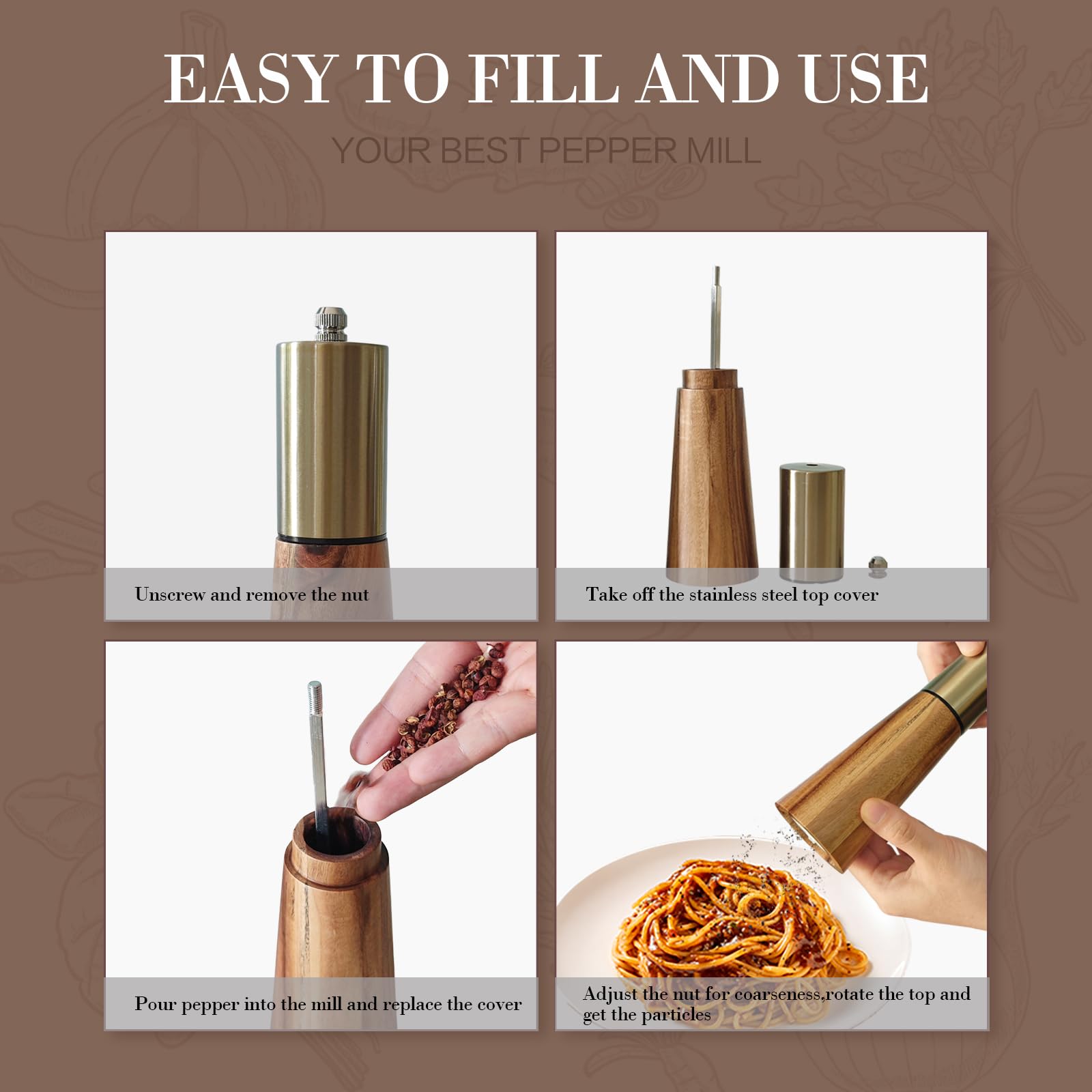 Gold Salt and Pepper Grinder Set,Salt and Pepper Grinder Set Wood,Gold Salt and Pepper Shakers, Modern Salt and Pepper Shakers, Pepper Mill with Ceramic Core,Pepper Grinder For Kitchen,Wood Tray