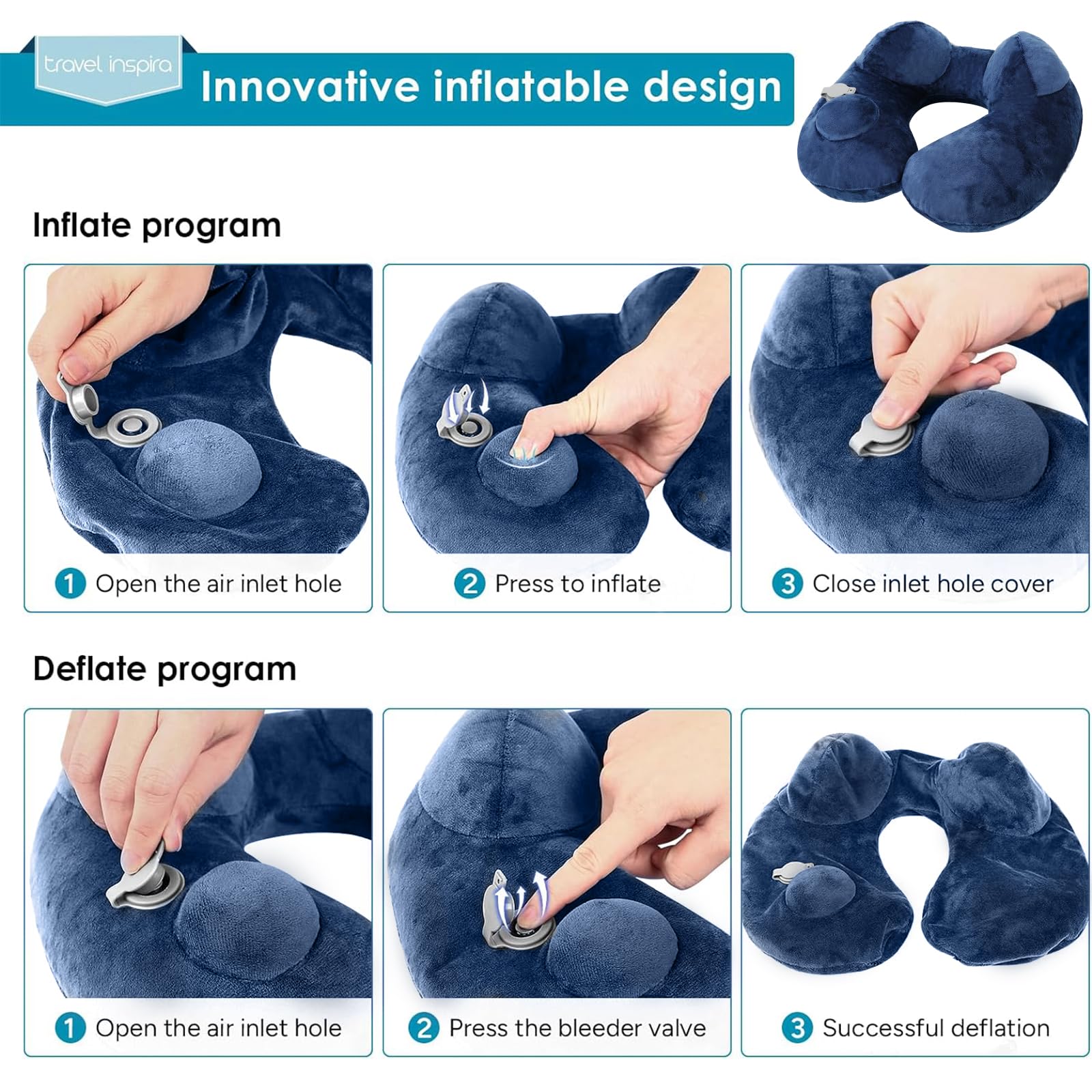 Self-Inflatable Travel Pillow with Eye Mask Earplugs Compact Bag, Inflatable Neck Pillow Support for Sleeping and Traveling, Airplane Pillow for Long Flight, Neck Cushion for Car Home Office Train