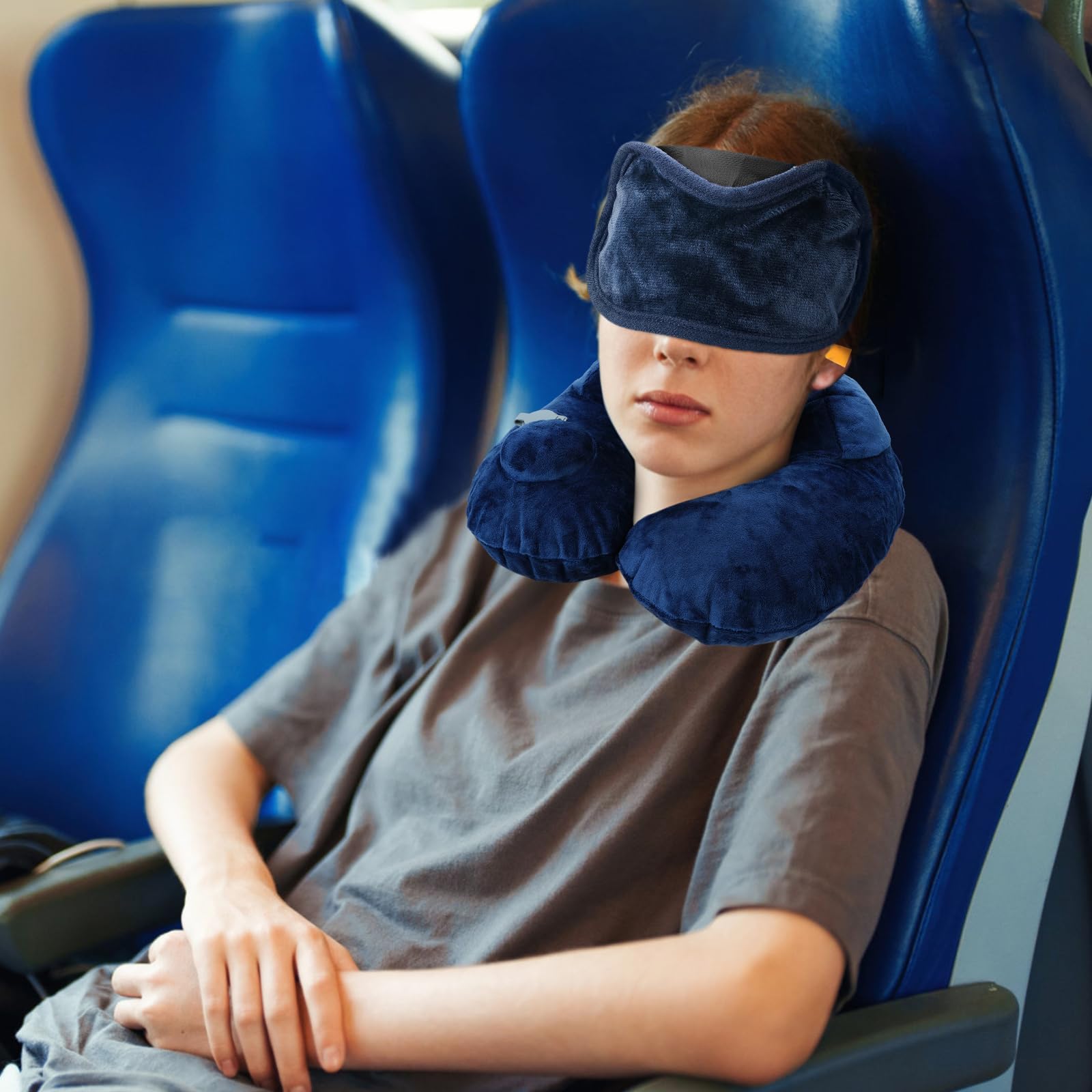 Self-Inflatable Travel Pillow with Eye Mask Earplugs Compact Bag, Inflatable Neck Pillow Support for Sleeping and Traveling, Airplane Pillow for Long Flight, Neck Cushion for Car Home Office Train