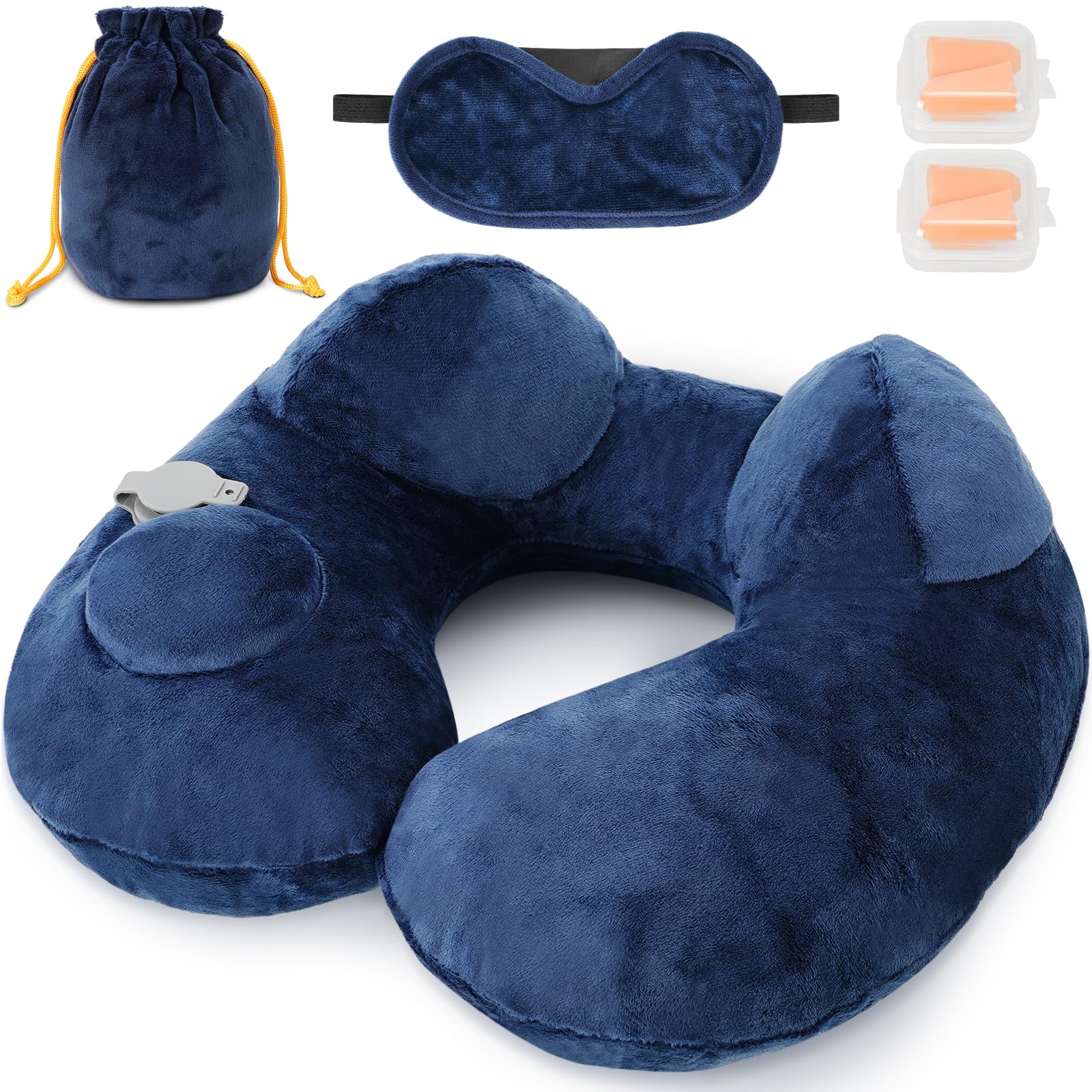 Self-Inflatable Travel Pillow with Eye Mask Earplugs Compact Bag, Inflatable Neck Pillow Support for Sleeping and Traveling, Airplane Pillow for Long Flight, Neck Cushion for Car Home Office Train