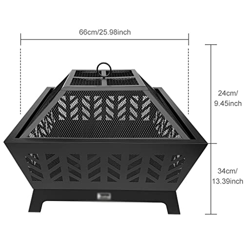 LDCHNH Outdoor Patio Wood Fire 4-Corner Pits 26 Inch Heater Stove with Flame-Retardant Spark Guard Black