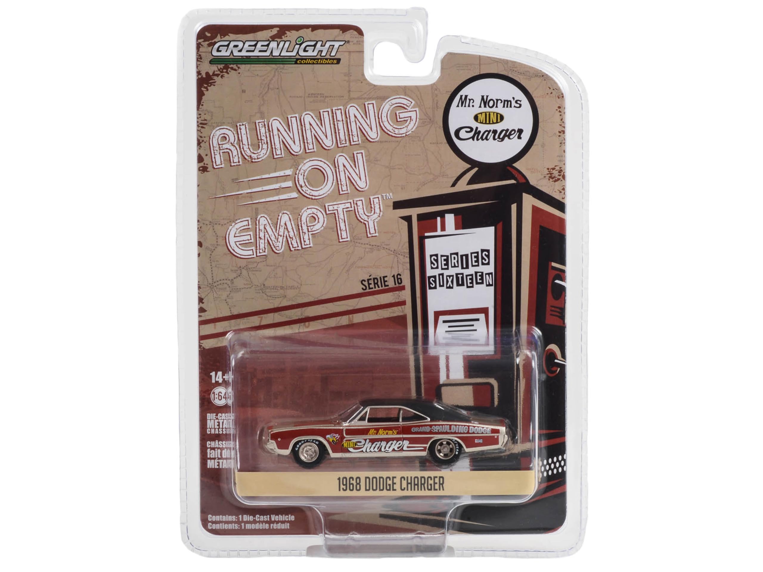 1968 Charger Dark Red and Gold with Black Top Grand Spalding Dodge Mr. Norm s Mini Charger Funny Car Tribute Running on Empty Series 16 1/64 Diecast Model Car by Greenlight 41160B