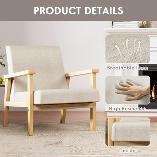 YESHOMY Mid-Century Modern Accent Chair with Solid Wood Frame and Thick Cushion for Living Room, Bedroom, Home Office, Set of 1, Beige