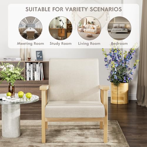 YESHOMY Mid-Century Modern Accent Chair with Solid Wood Frame and Thick Cushion for Living Room, Bedroom, Home Office, Set of 1, Beige