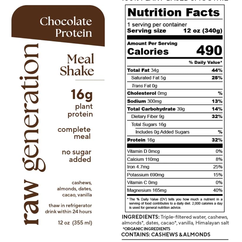 Raw Generation 18-Pack Meal Replacement Shakes - Organic Plant Based Protein Drinks/No Added Sugar/High-Protein, Gluten-Free, Vegan, Non-GMO/Essential Vitamins & Minerals/Just 5 Ingredients