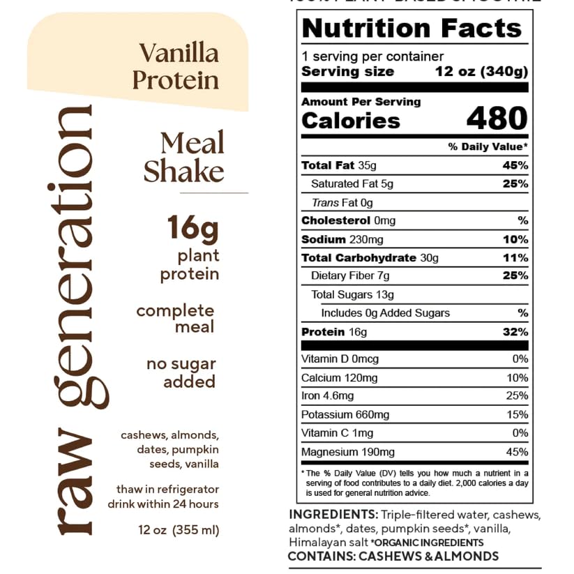 Raw Generation 18-Pack Meal Replacement Shakes - Organic Plant Based Protein Drinks/No Added Sugar/High-Protein, Gluten-Free, Vegan, Non-GMO/Essential Vitamins & Minerals/Just 5 Ingredients