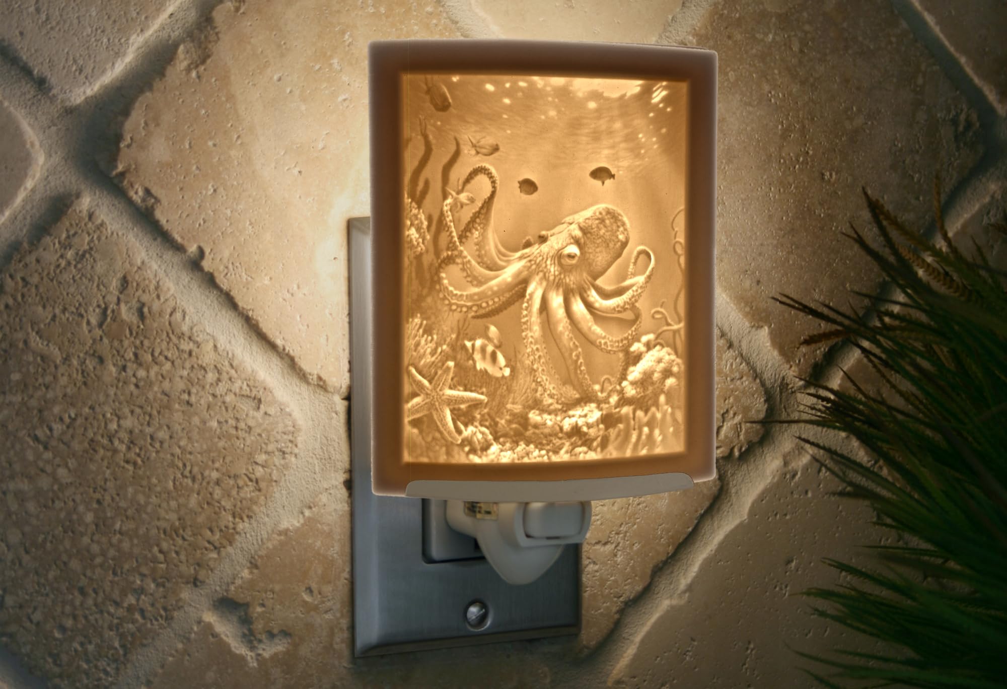 The Porcelain Garden Octopus Night Light, Porcelain Lithophane, Decorative Wall Plug in Accent Light for Nursery, Bedroom, Kitchen, Bath, Hallway