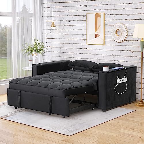 YUNLife Pull Out Sofa Bed Sofabed, Black 55.3" w +Cup Holder and USB Port
