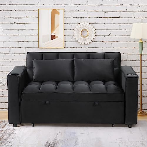 YUNLife Pull Out Sofa Bed Sofabed, Black 55.3" w +Cup Holder and USB Port