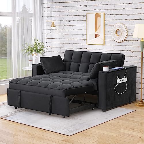YUNLife Pull Out Sofa Bed Sofabed, Black 55.3" w +Cup Holder and USB Port