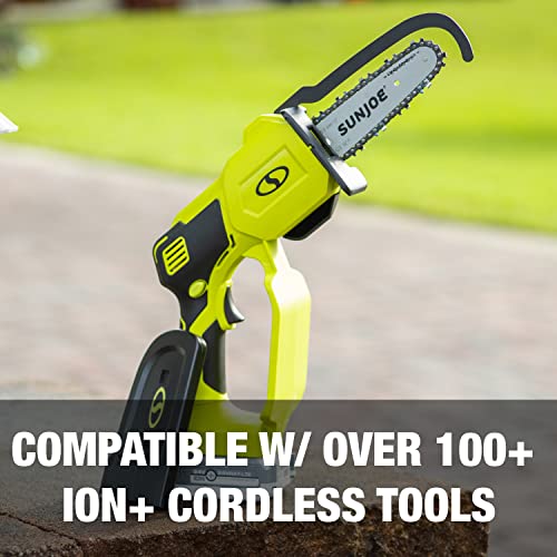 Sun Joe 24V-HCS-LTE-P1 24-Volt iON+ Cordless Mini Chainsaw, Handheld Pruning Saw Kit, 5-Inch, w/ 2.0-Ah Battery and Charger, Green
