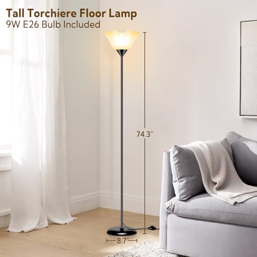 Eneru Floor Lamp with Living Room 74'' Tall Torchiere Floor Lamp with White Plastic Shade Black Modern Stand Lamps for Living Room Bedroom Classroom Dorm Office, E26 Bulb Included