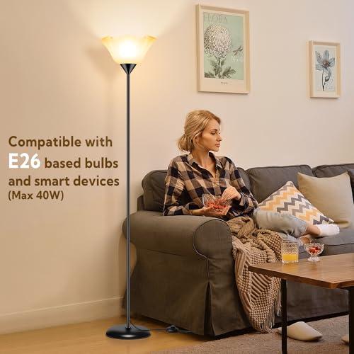 Eneru Floor Lamp with Living Room 74'' Tall Torchiere Floor Lamp with White Plastic Shade Black Modern Stand Lamps for Living Room Bedroom Classroom Dorm Office, E26 Bulb Included
