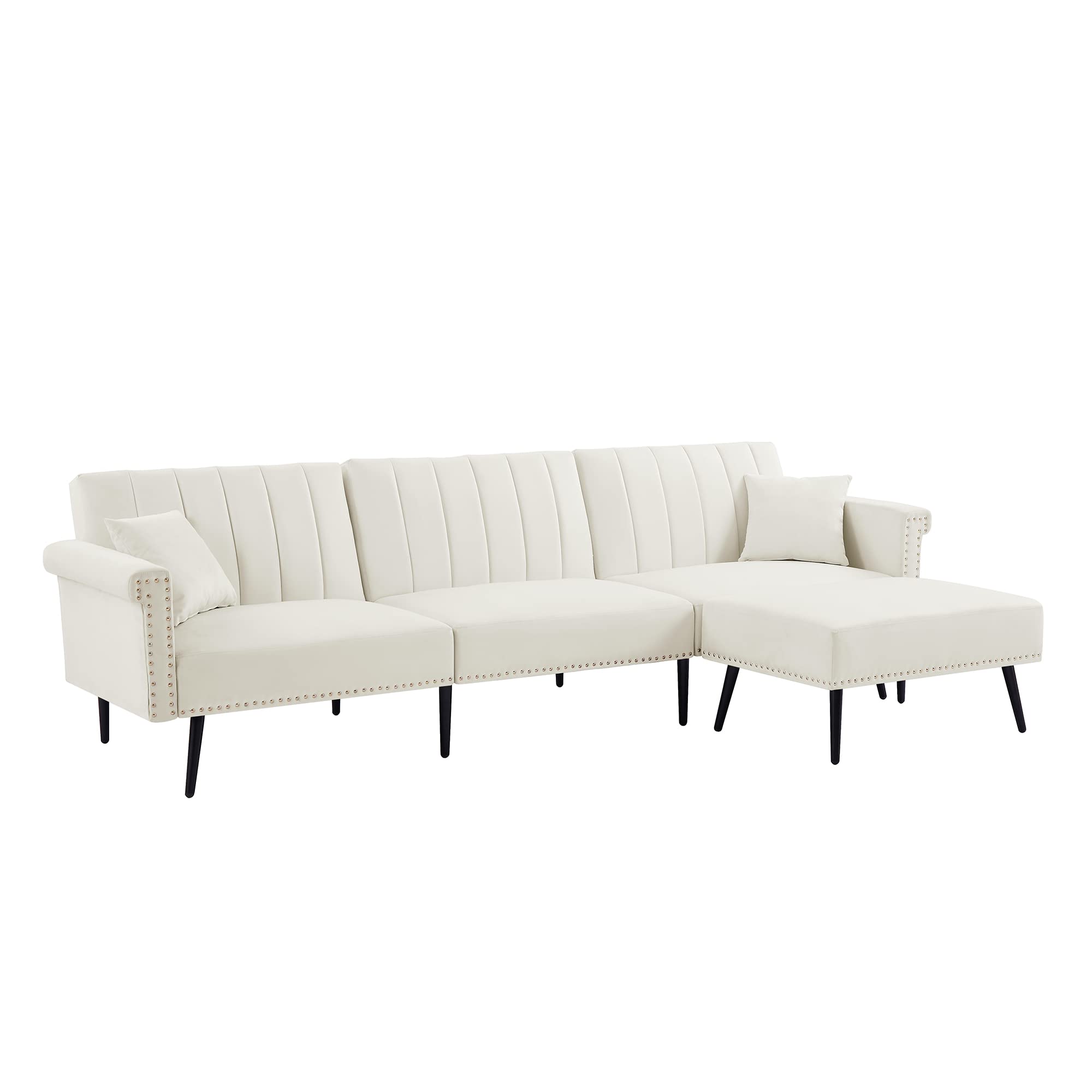 ERYE Elegant White L-Shaped Corner Tufted Sofa Convertible Couch Bed,Velvet Sleeper & Sectional Sofabed W/Reversible Chaise,Movable Ottoman for Home Office Apartment Living Room