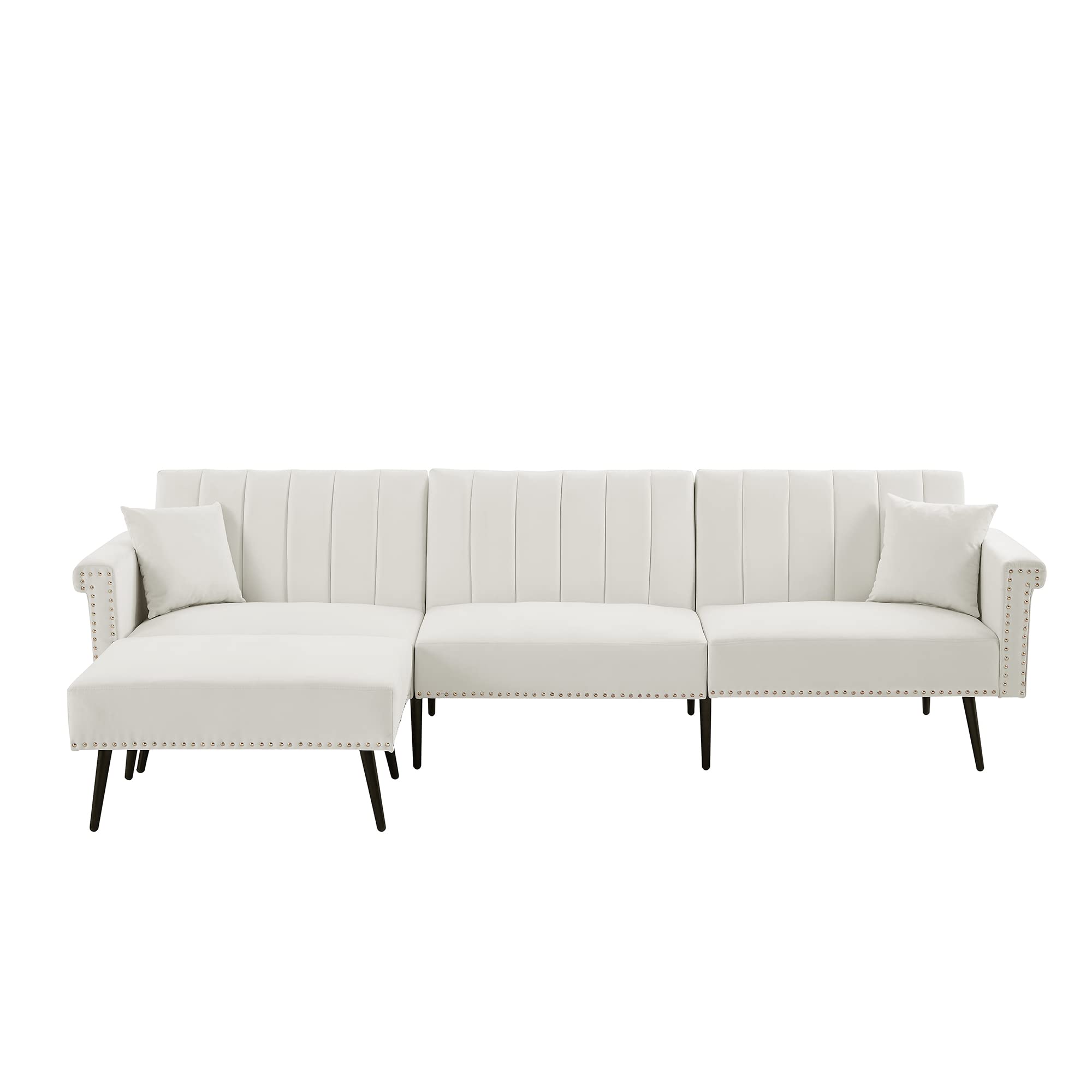 ERYE Elegant White L-Shaped Corner Tufted Sofa Convertible Couch Bed,Velvet Sleeper & Sectional Sofabed W/Reversible Chaise,Movable Ottoman for Home Office Apartment Living Room