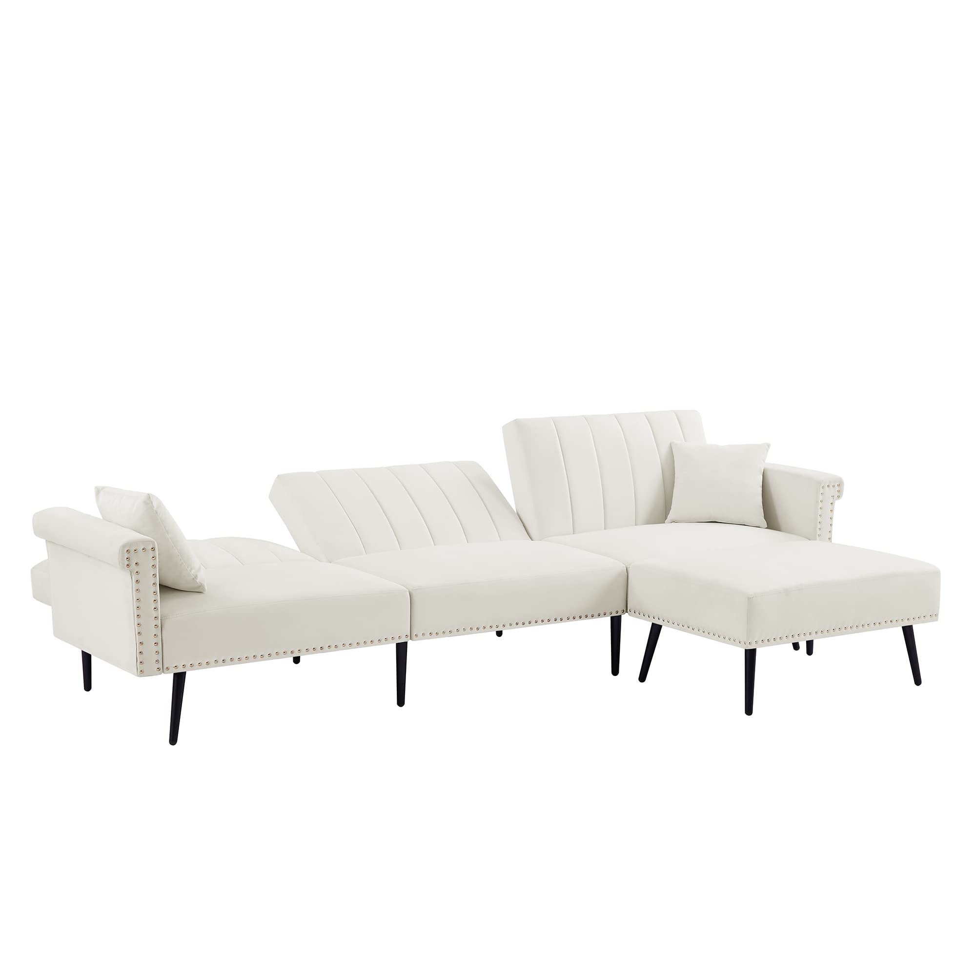 ERYE Elegant White L-Shaped Corner Tufted Sofa Convertible Couch Bed,Velvet Sleeper & Sectional Sofabed W/Reversible Chaise,Movable Ottoman for Home Office Apartment Living Room
