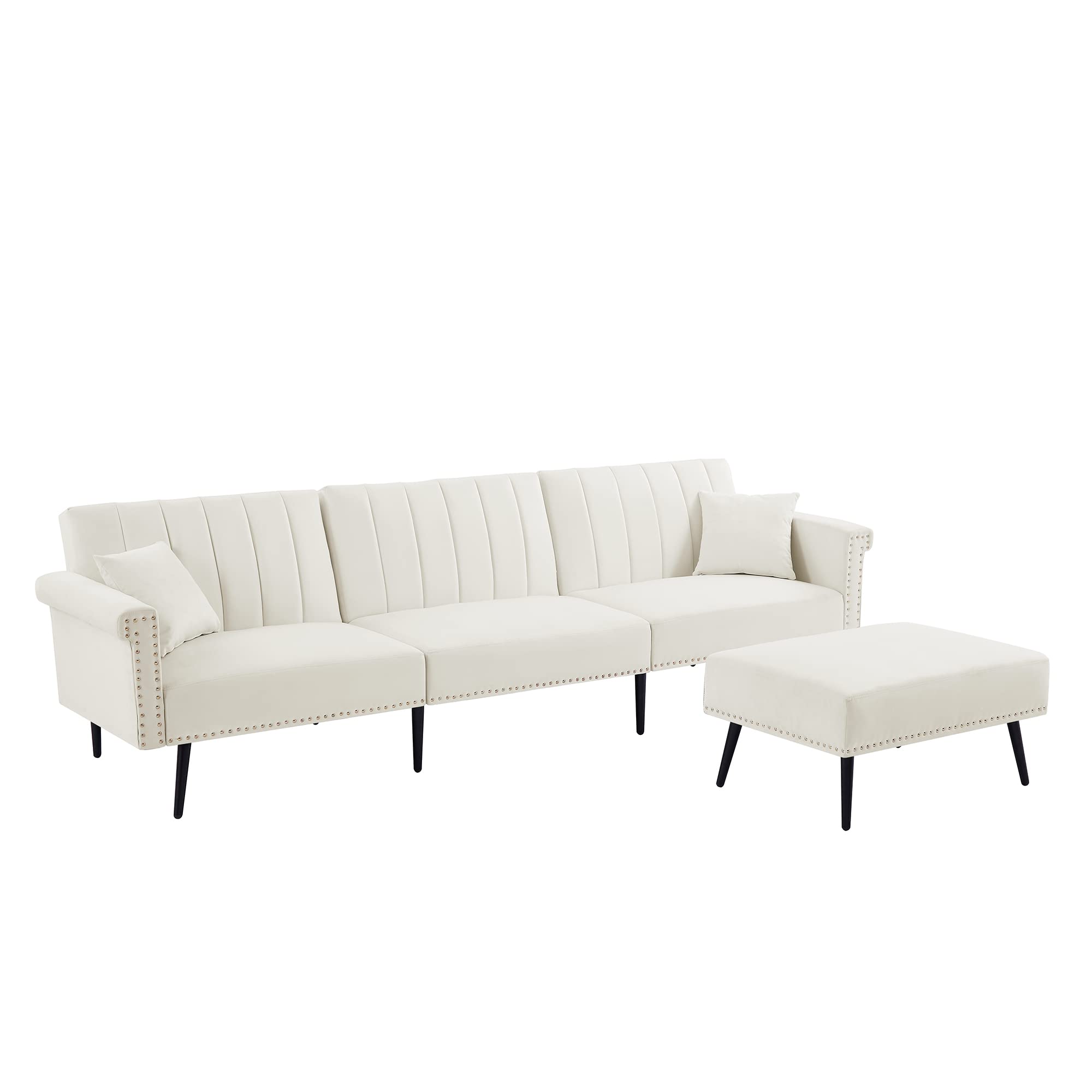 ERYE Elegant White L-Shaped Corner Tufted Sofa Convertible Couch Bed,Velvet Sleeper & Sectional Sofabed W/Reversible Chaise,Movable Ottoman for Home Office Apartment Living Room
