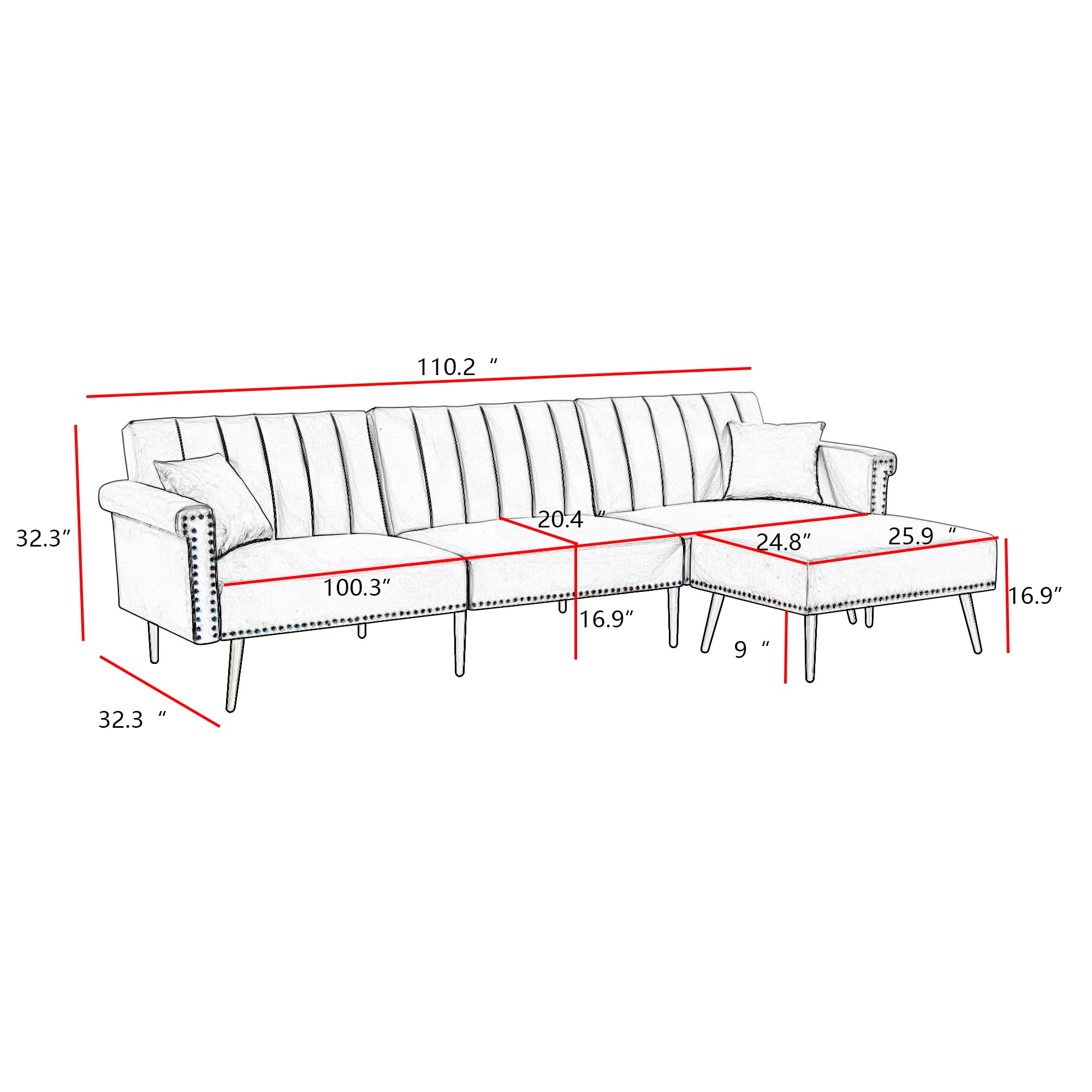 ERYE Elegant White L-Shaped Corner Tufted Sofa Convertible Couch Bed,Velvet Sleeper & Sectional Sofabed W/Reversible Chaise,Movable Ottoman for Home Office Apartment Living Room
