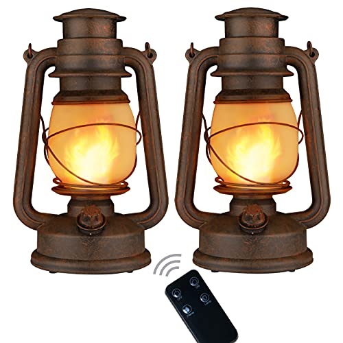 2 Pack Led Vintage Camping Lantern Decorative, Outdoor Lanterns for Patio Waterproof with Remote, Battery Operated Lantern Flickering Flame with Two Modes for Garden Party Christmas Decorations