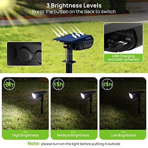 NZDFH Solar Spot Lights Outdoor, IP68 Waterproof Solar Landscape Spotlights,3 Modes Outdoor Solar Garden Lights, USB & Solar Powered Wall Lights Dark Sensing Auto On/Off for Yard Porch 2 Pack