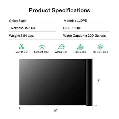 VIVOSUN 7 x 10 Feet Pond Liner, 14.5 Mil Durable LLDPE Pond Skins for Waterfall, Pond and Fish Ponds, Black