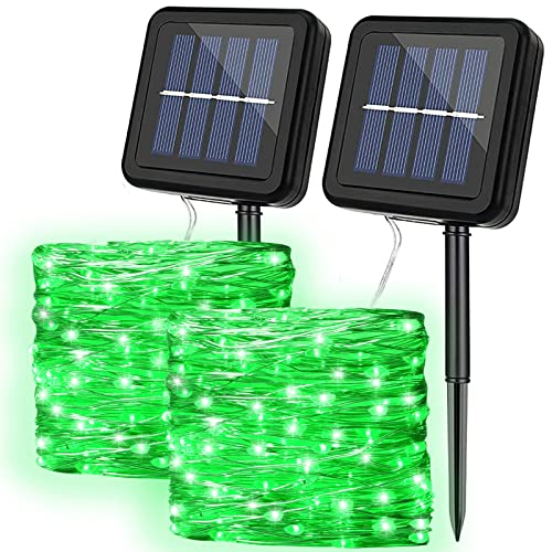 Yayfazy Green Christmas Solar String Lights Copper Wire 2Packs Each 100Led 33 Ft Outdoor Fairy Twinkle Lights with 8 Modes IP65 Waterproof for Patio Garden Tree Xmas Party Wedding Yard Decoration