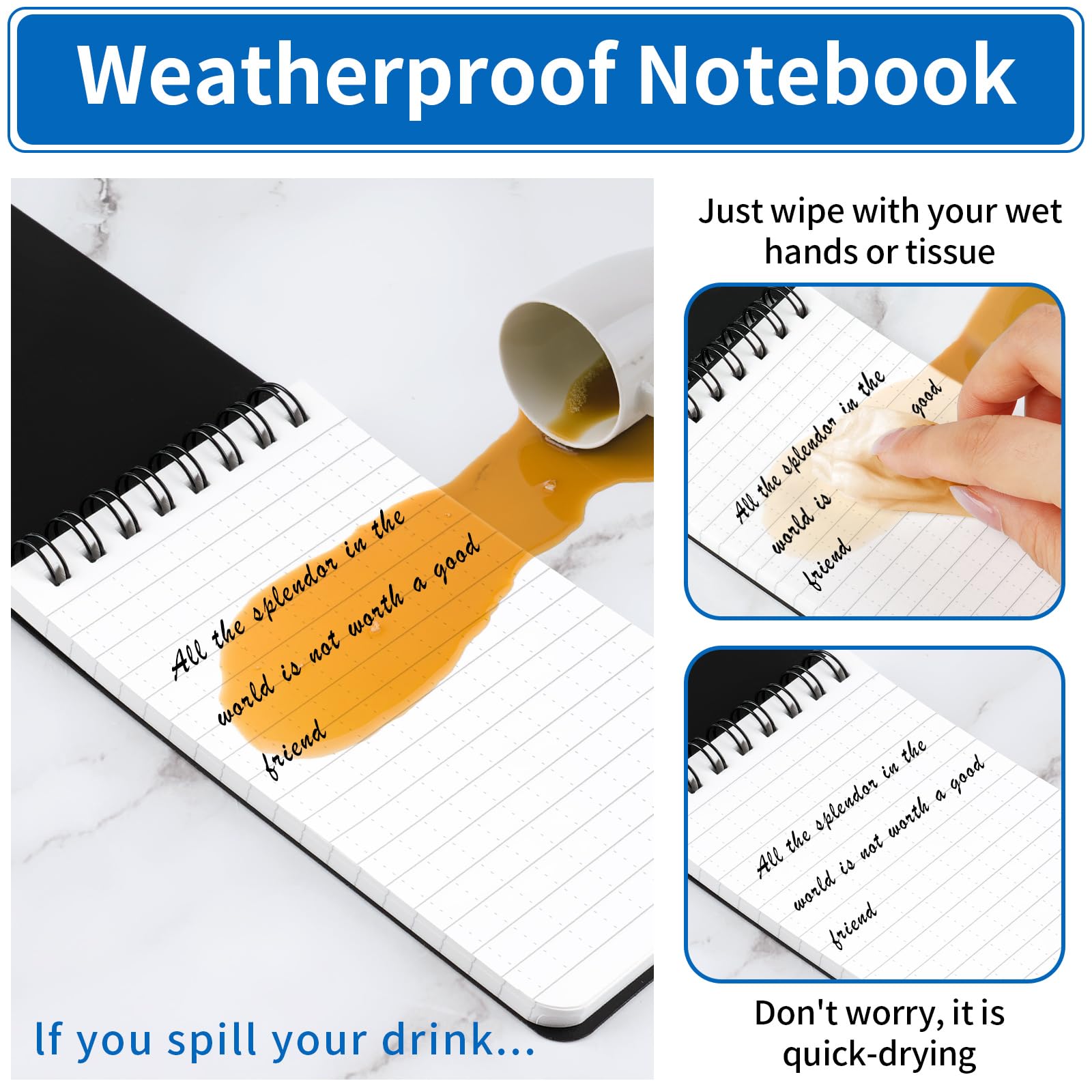 COIDEA Waterproof Notebook, Top-Spiral Pocket Notepad, 3" x 5" Weatherproof NotePad, All Weather Police Pocket Notebook Little Memo Steno Note Pads for Outdoor Office School Recording, Black