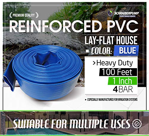 Schraiberpump 1-Inch by 100-Feet- General Purpose Reinforced PVC Lay-Flat Discharge and Backwash Hose - Heavy Duty (4 Bar) 2 CLAMPS INCLUDED