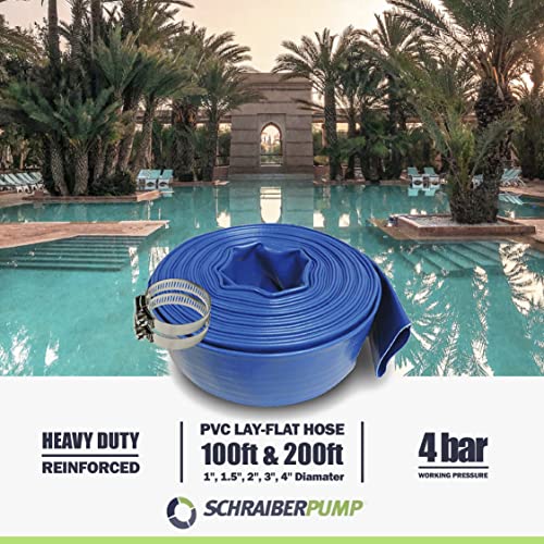 Schraiberpump 1-Inch by 100-Feet- General Purpose Reinforced PVC Lay-Flat Discharge and Backwash Hose - Heavy Duty (4 Bar) 2 CLAMPS INCLUDED