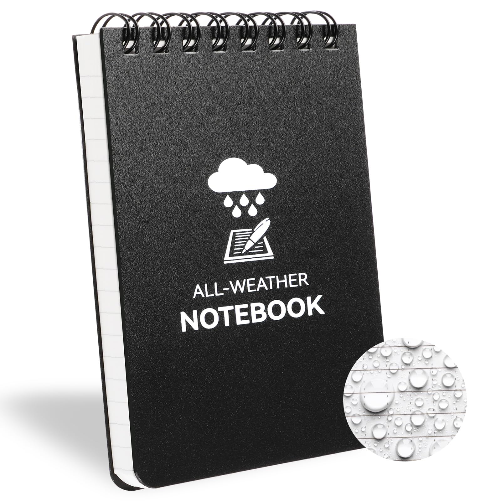 COIDEA Waterproof Notebook, Top-Spiral Pocket Notepad, 3" x 5" Weatherproof NotePad, All Weather Police Pocket Notebook Little Memo Steno Note Pads for Outdoor Office School Recording, Black