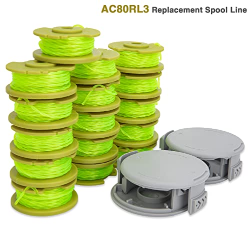 AC80RL3 String Trimmer Replacement Spool Compatible with Ryobi One Plus+ 18v 24v 40v Auto-Feed Cordless Trimmers, 11ft 0.08inch Spool Refills for Ryobi Weed Wacker String (16 Spools, 4 Caps)