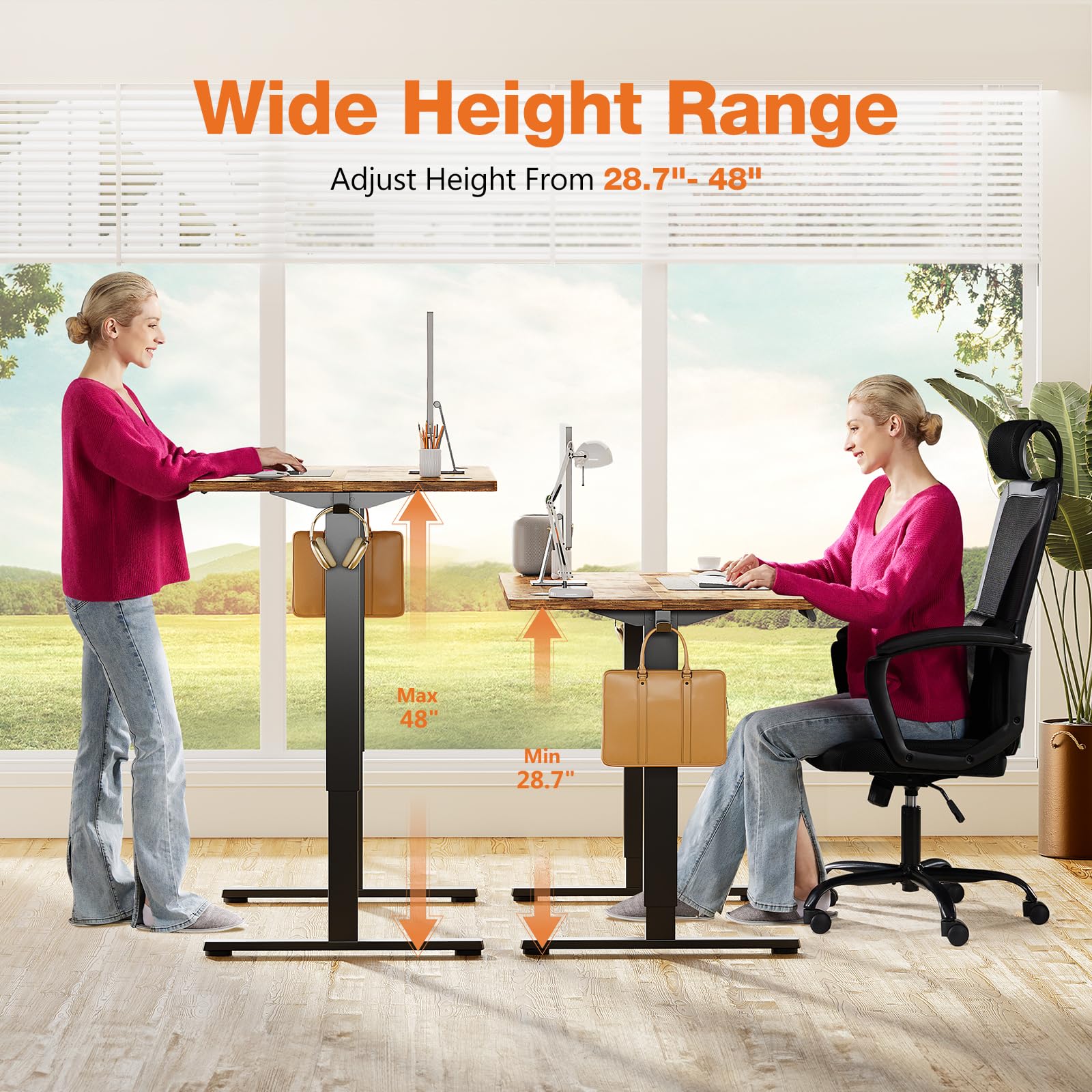 Sweetcrispy Standing Desk Adjustable Height, 48inch Electric Sit Stand up Desk for Home Office, Modern Rising Work Table for Computer Laptop, Lift Gaming Desk Sturdy Ergonomic Workstation, Rust Brown