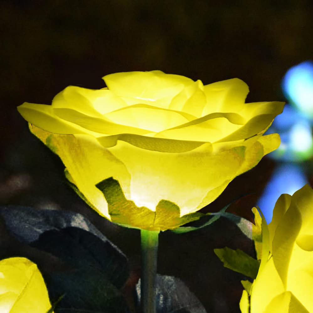 Abkshine Solar Rose Flower Lights Garden Decor, Upgraded 7-Rose Solar Flower Lights Yard Decor Outdoor Waterproof Garden Pathway Lights for Patio Pathway Courtyard Lawn Cemetery Decorations (Yellow)