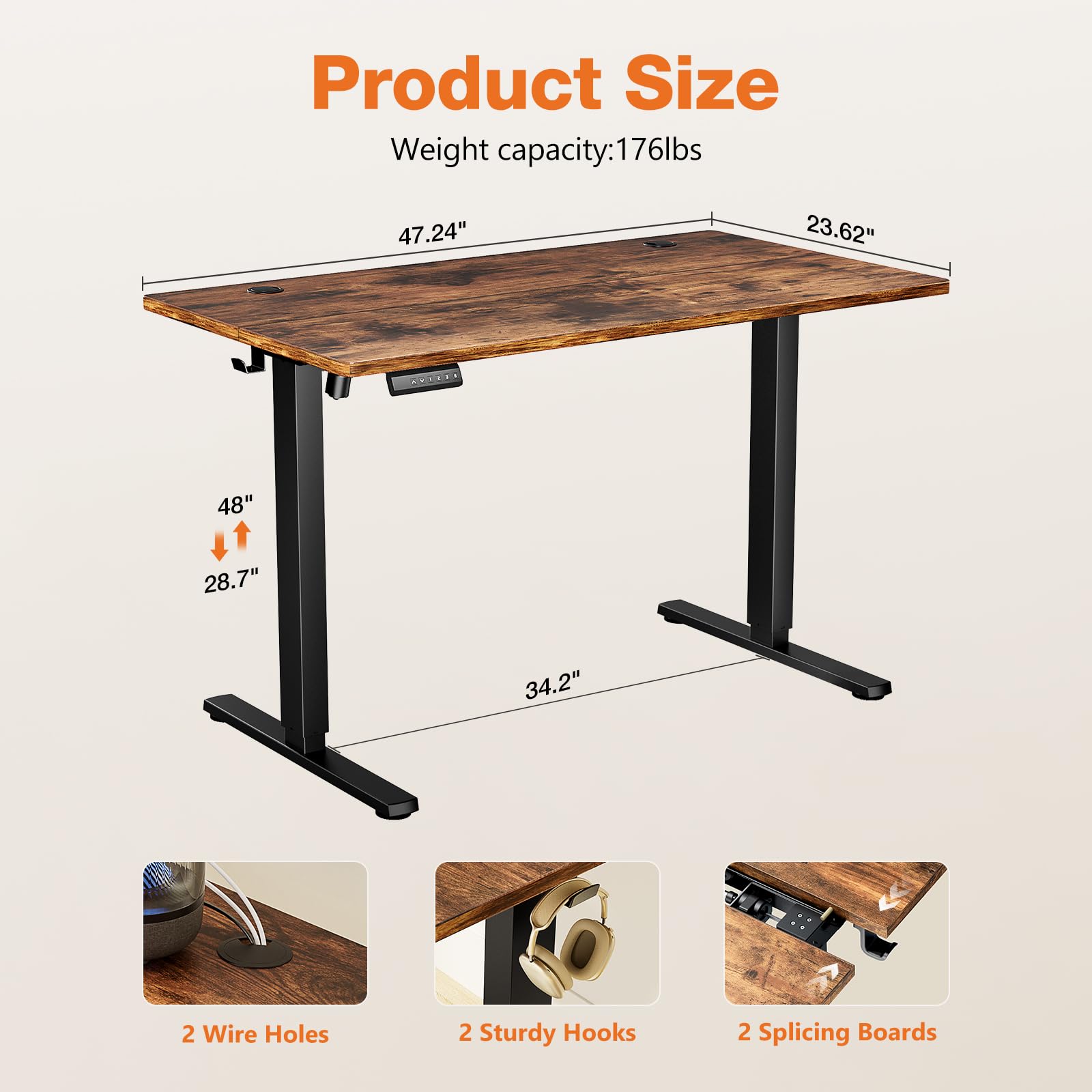 Sweetcrispy Standing Desk Adjustable Height, 48inch Electric Sit Stand up Desk for Home Office, Modern Rising Work Table for Computer Laptop, Lift Gaming Desk Sturdy Ergonomic Workstation, Rust Brown