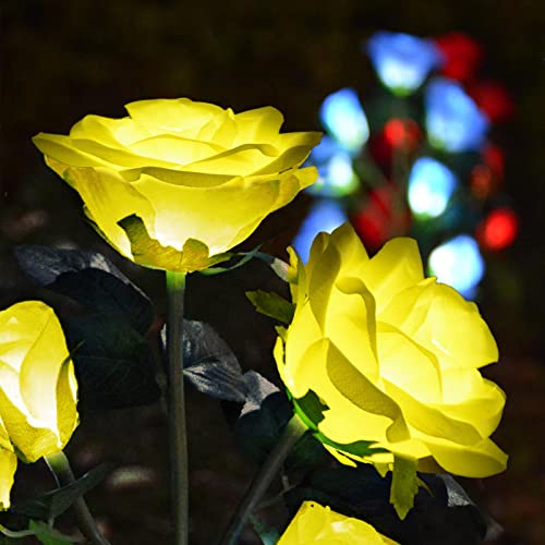 Abkshine Solar Rose Flower Lights Garden Decor, Upgraded 7-Rose Solar Flower Lights Yard Decor Outdoor Waterproof Garden Pathway Lights for Patio Pathway Courtyard Lawn Cemetery Decorations (Yellow)