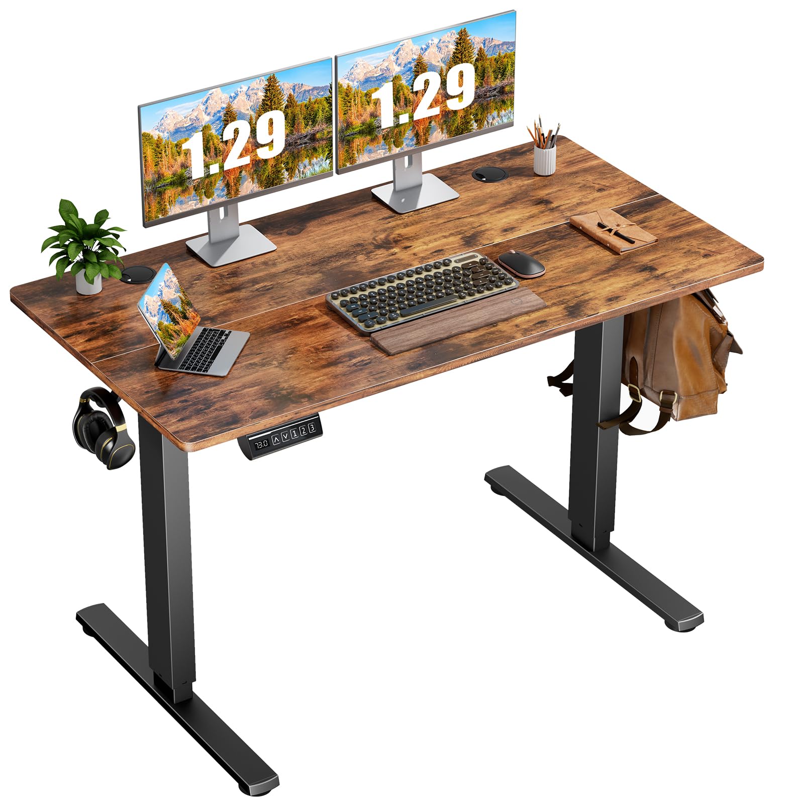 Sweetcrispy Standing Desk Adjustable Height, 48inch Electric Sit Stand up Desk for Home Office, Modern Rising Work Table for Computer Laptop, Lift Gaming Desk Sturdy Ergonomic Workstation, Rust Brown