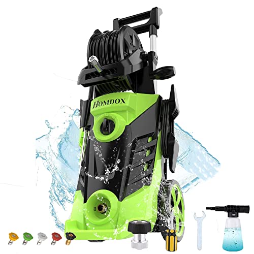 Homdox HX3000 Portable Pressure Washer with Hose Reel, 1800W/1.7 GPM Electric Power Washer, Small Pressure Washer with Detergent Bottle, 4 Nozzles for Outdoor Cleaning, Car/Garden/Patio Wash(Green)