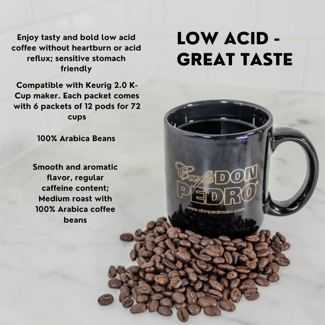 Cafe Don Pedro French Vanilla Low Acid Coffee Pods - Compatible with K-cup Coffee Maker, 100% Arabica, Battles Heartburn, Acidic Reflux, 12 count