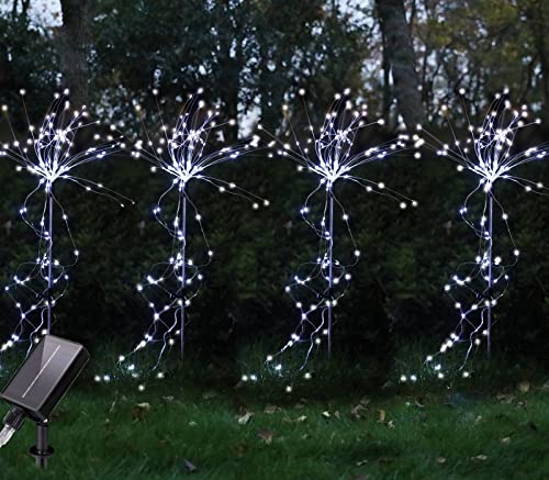 Solar Firework Lights Outdoor Waterproof, 4 Pack 180 LED Christmas Pathway Lights Copper Wire Lights, Outdoor Landscape Stake Lights for Garden Patio Yard Christmas Decorations. (White)