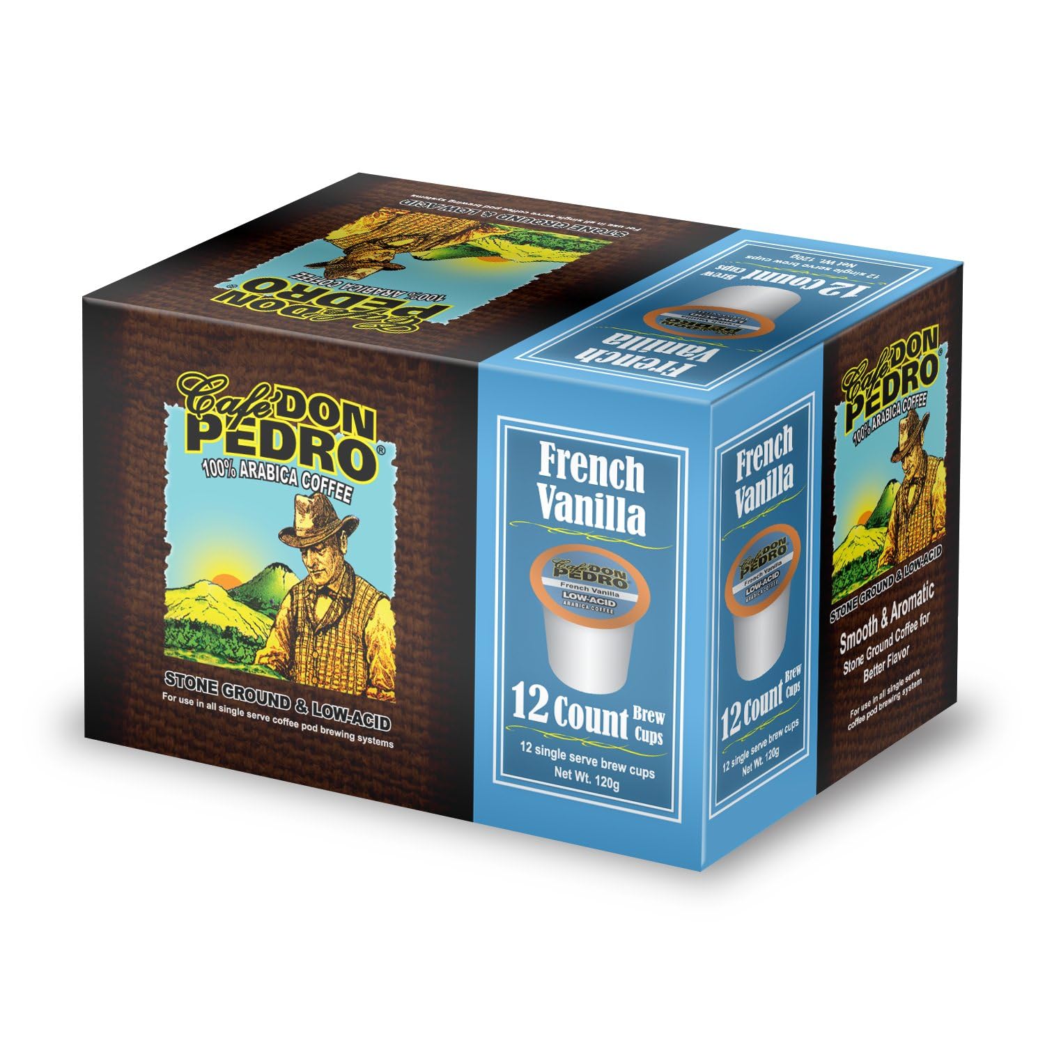 Cafe Don Pedro French Vanilla Low Acid Coffee Pods - Compatible with K-cup Coffee Maker, 100% Arabica, Battles Heartburn, Acidic Reflux, 12 count