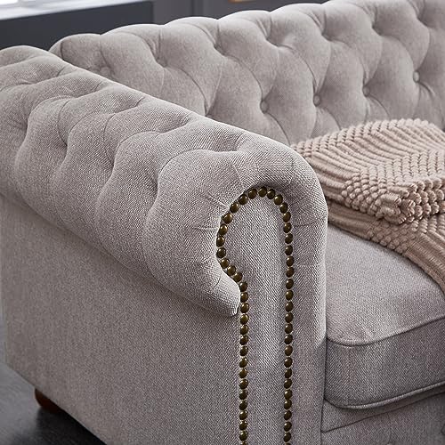 LIADTOP, 3-Seat Chesterfield Sofa with Button Tufted, Nailhead Trim and Solid Wood Legs, Classical Linen Fabric Couch for Living Room, Office, Light Grey