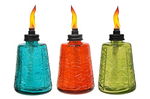 TIKI 1116040 Brand Molded Glass Table Decorative Outdoor Torch for Patio, Lawn, and Garden, 6 in, (Set of 3), Red, Green and Blue